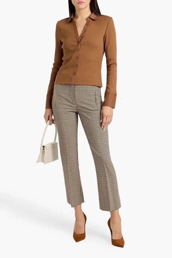Veronica Beard Scottie Poplin-trimmed Ribbed Pima Cotton-blend Shirt - Light Brown