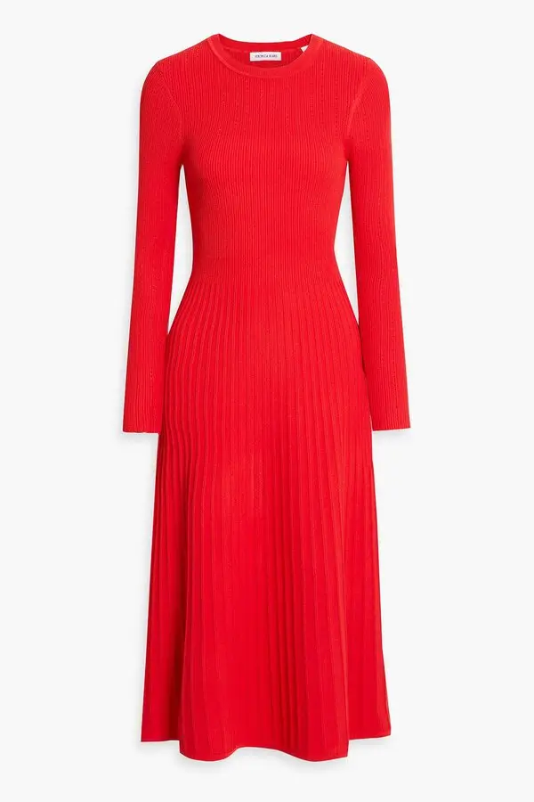 Veronica Beard Nami Pointelle And Ribbed-knit Midi Dress - Red