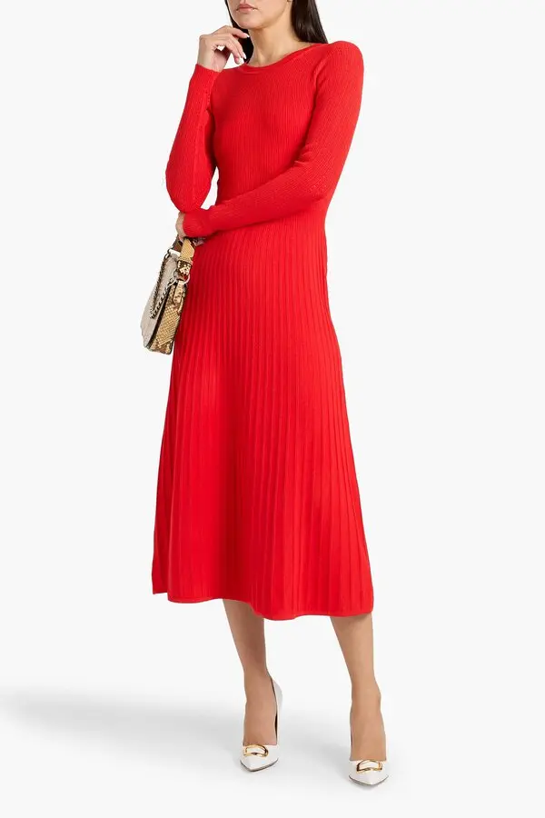 Veronica Beard Nami Pointelle And Ribbed-knit Midi Dress - Red