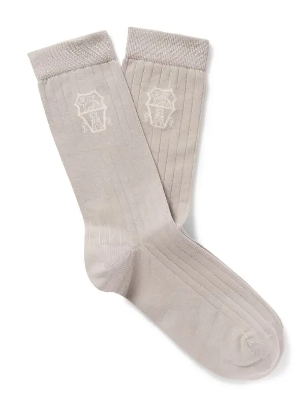 Brunello Cucinelli Logo-jacquard Ribbed Cotton Socks - Brown