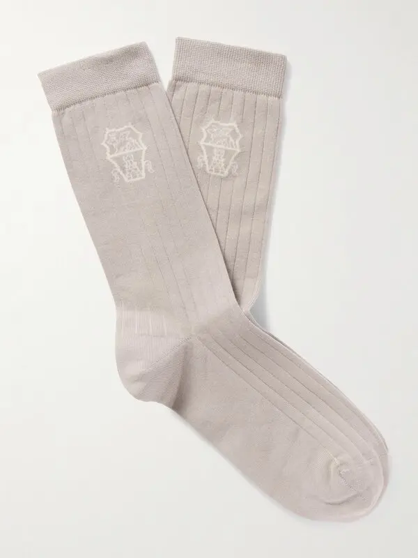 Brunello Cucinelli Logo-jacquard Ribbed Cotton Socks - Brown