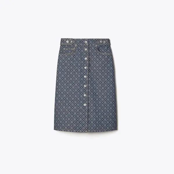 Tory Burch T Monogram Flared Denim Skirt