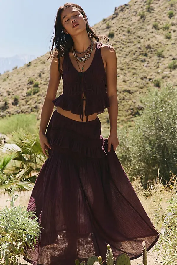 Free People Tiered Ruffle Maxi Skirt Set With V-neck Peplum Top - Fig