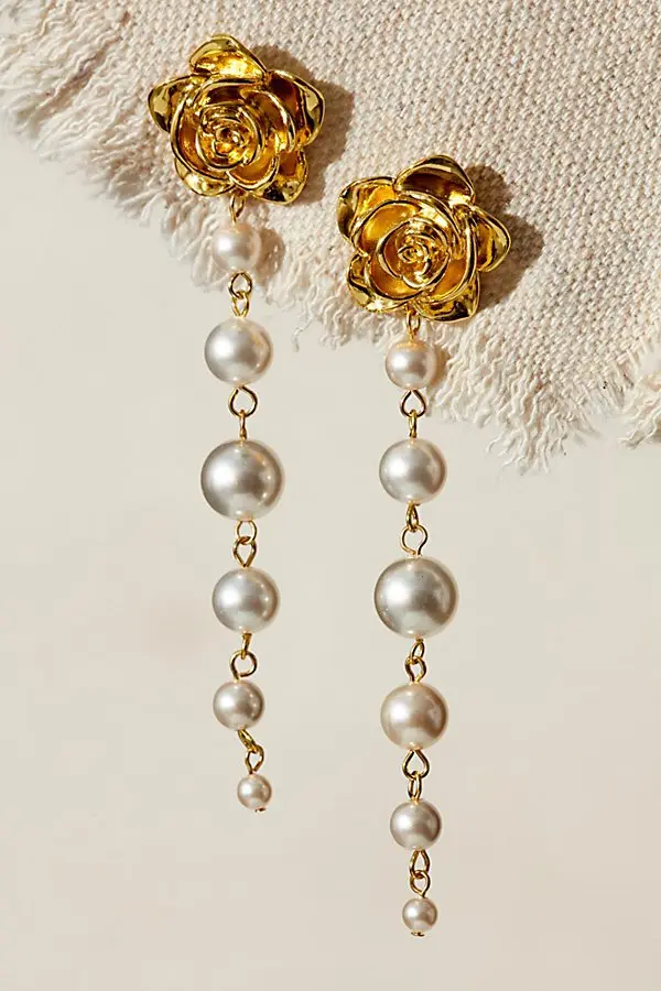 THE CRYSTAL BOUTIQUE Pearly Rose Dangle Earrings - Gold