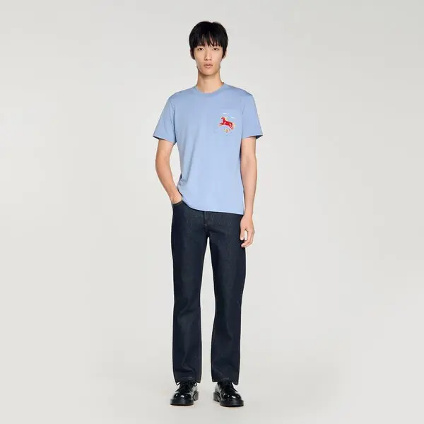 Sandro Embroidered Horse Cotton T-shirt - Sky Blue
