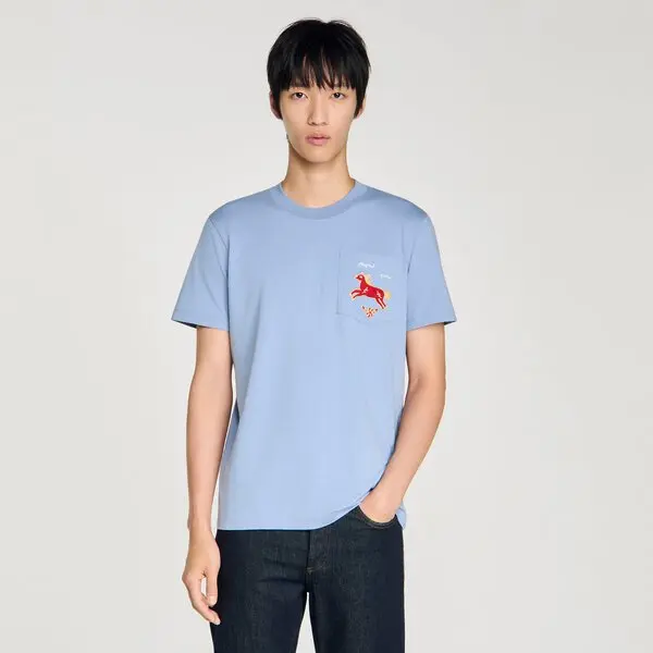 Sandro Embroidered Horse Cotton T-shirt - Sky Blue