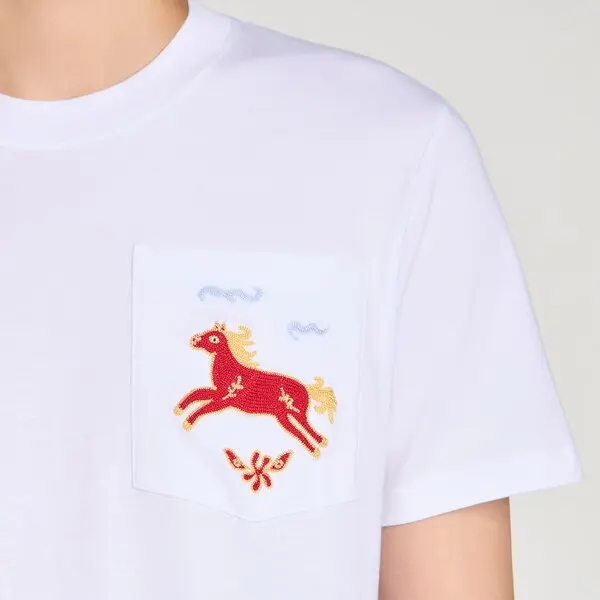 Sandro Embroidered Horse Cotton T-shirt - White