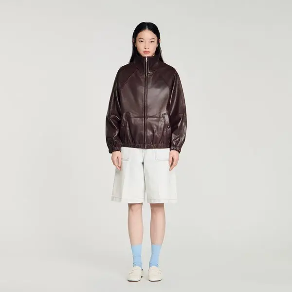 Sandro Oversized Zip-up Lambskin Leather Jacket - Brown