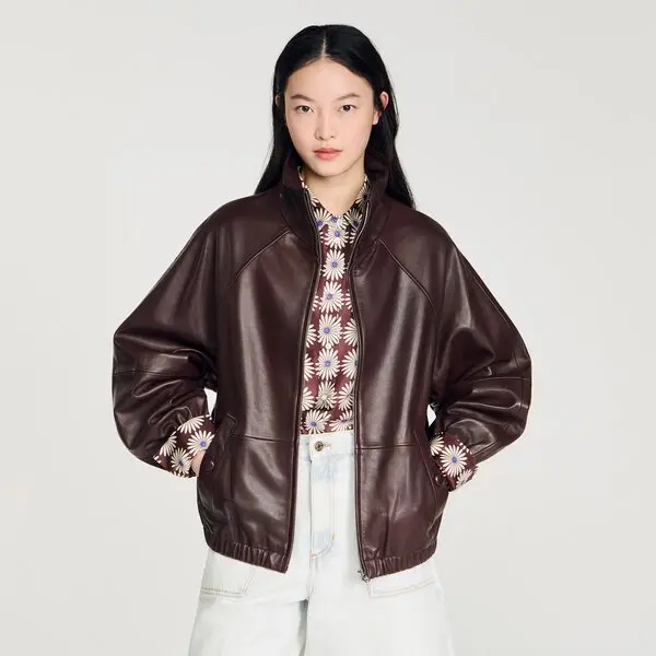 Sandro Oversized Zip-up Lambskin Leather Jacket - Brown
