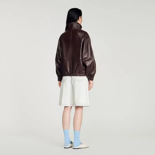 Sandro Oversized Zip-up Lambskin Leather Jacket - Brown