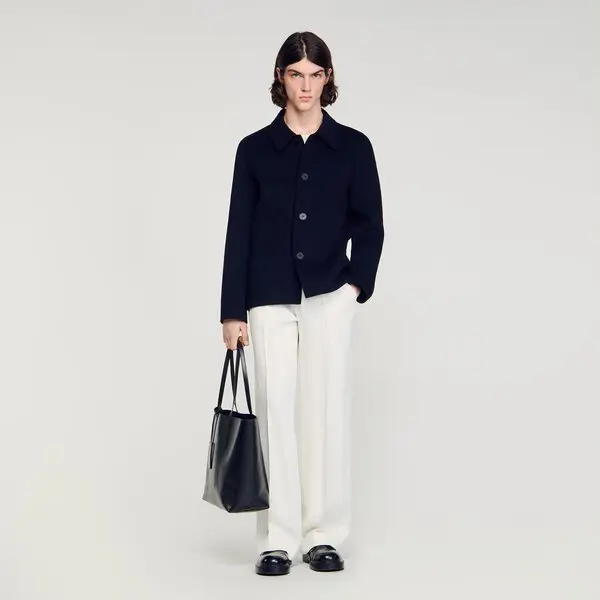 Sandro Wool Worker Jacket With Pockets - Navy Blue
