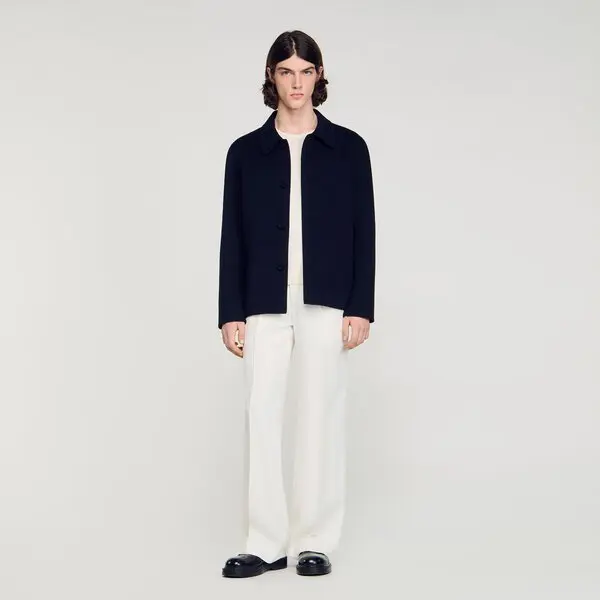 Sandro Wool Worker Jacket With Pockets - Navy Blue