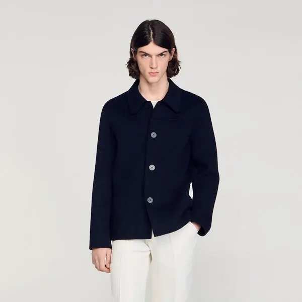 Sandro Wool Worker Jacket With Pockets - Navy Blue