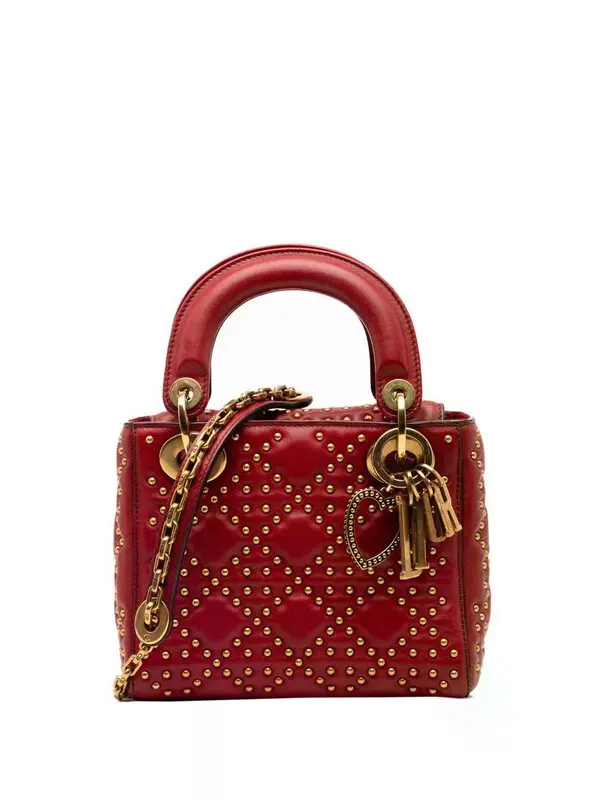 Dior 2017 Mini Lambskin Cannage Studded Lady Satchel - Red