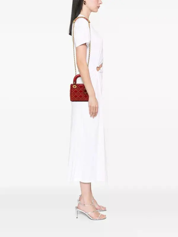 Dior 2017 Mini Lambskin Cannage Studded Lady Satchel - Red