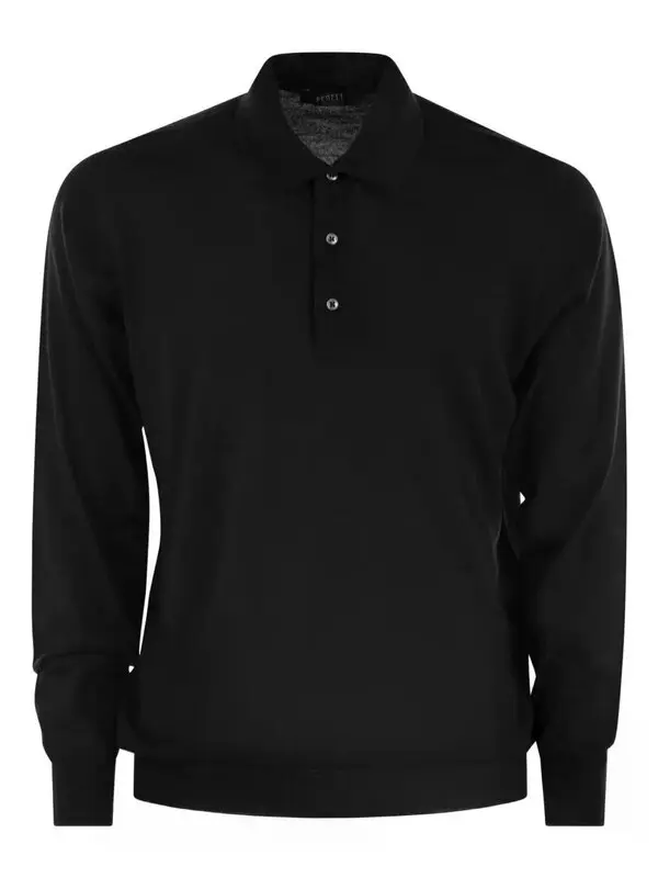 Fedeli Three-button Long-sleeve Polo Shirt - Black