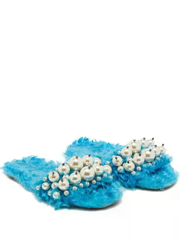 Miu Miu Faux-fur Pearl-embellishment Flat Slides - Blue