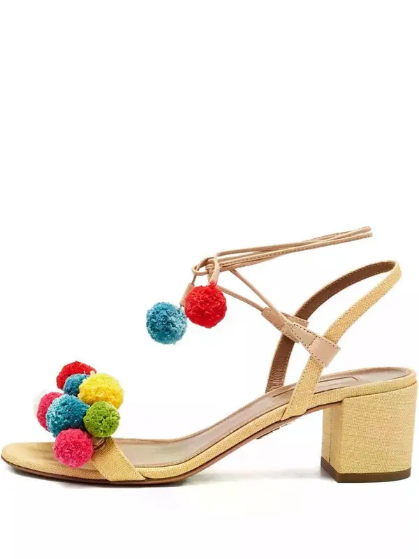 AQUAZZURA Raffia Pom-pom Sandals - Neutrals