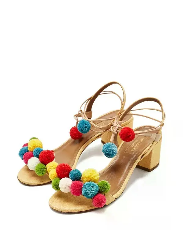 AQUAZZURA Raffia Pom-pom Sandals