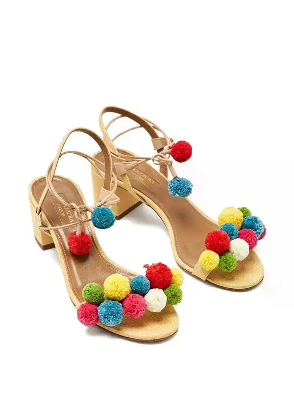 AQUAZZURA Raffia Pom-pom Sandals