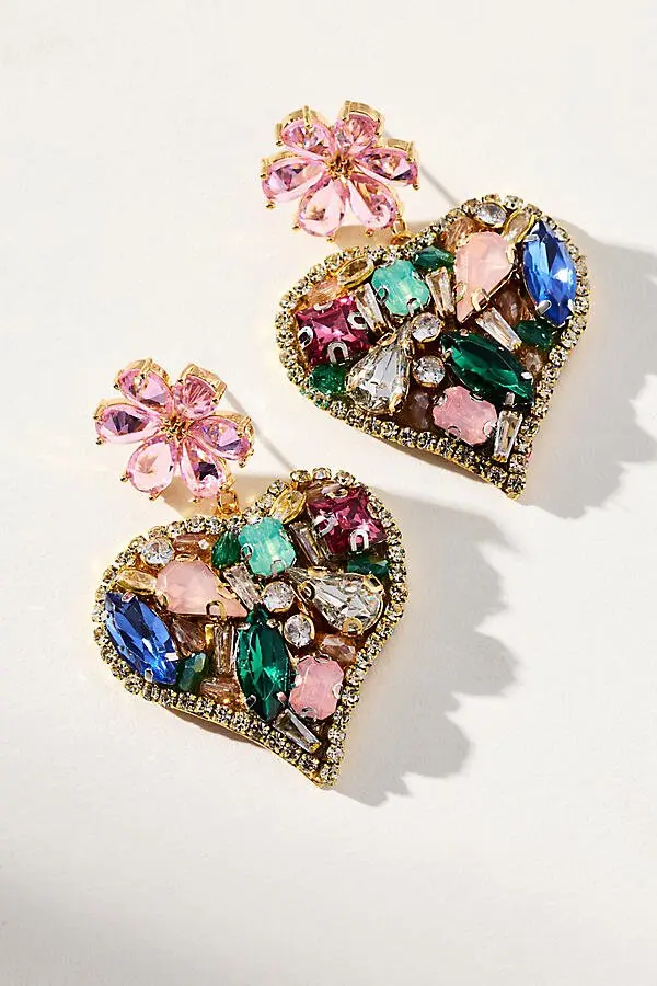 Anthropologie Heart Gem Earrings - Blue Pattern