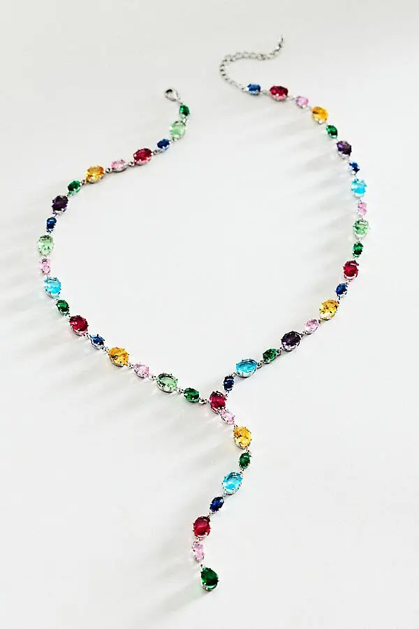 Anthropologie Rainbow Stone Lariat Necklace - Silver