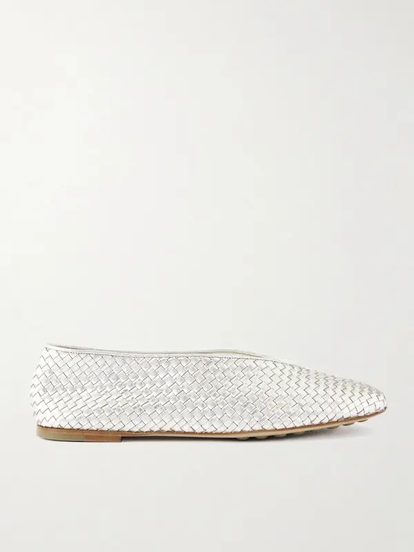 Bottega Veneta Metallic Intrecciato Leather Ballet Flats - Silver