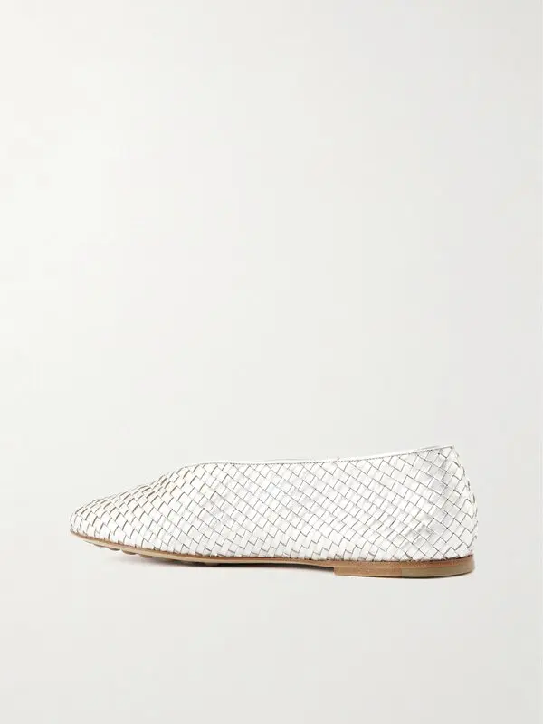 Bottega Veneta Metallic Intrecciato Leather Ballet Flats - Silver