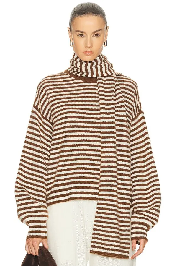 SRG Waldo Striped Cashmere Sweater & Scarf - Brown & Cream