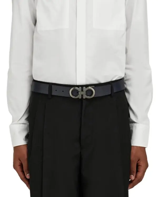 FERRAGAMO Grained Leather Reversible Belt With Double Gancini Buckle - Midnight