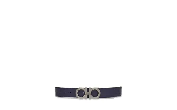 FERRAGAMO Grained Leather Reversible Belt With Double Gancini Buckle - Midnight