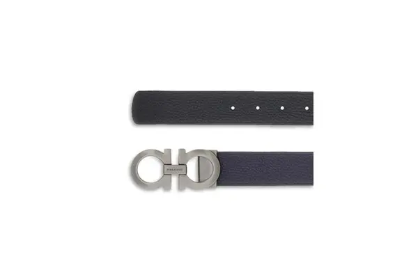 FERRAGAMO Grained Leather Reversible Belt With Double Gancini Buckle - Midnight