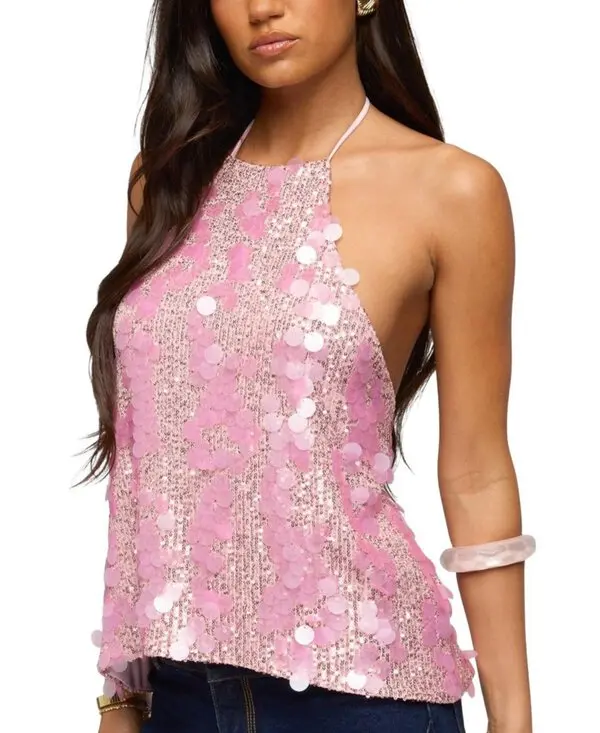 EDIKTED Ellorie Backless Sequin Halter Top - Pink