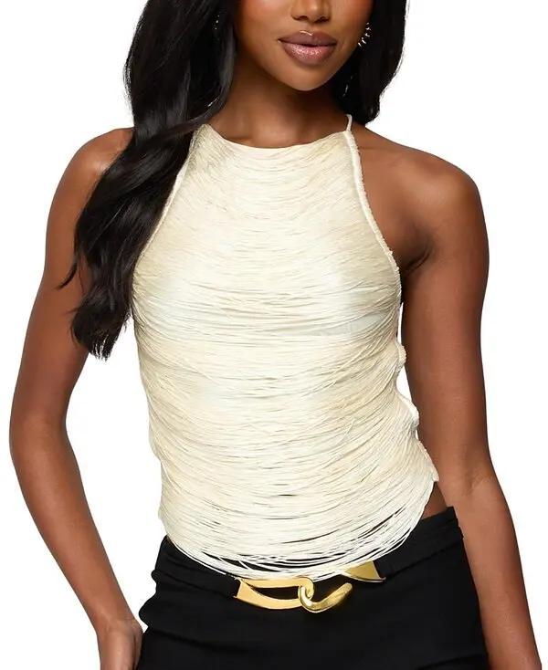 EDIKTED Crisscross Backless Fringed Top - Cream