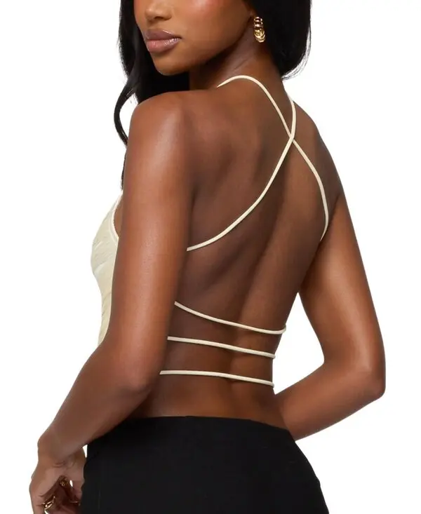 EDIKTED Crisscross Backless Fringed Top - Cream