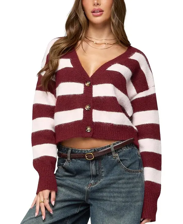 EDIKTED Striped Knit V-neck Cardigan - Burgundy