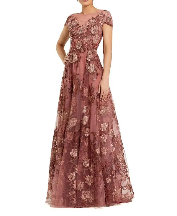 Mac Duggal Embroidered Mesh Dress With Illusion Neck And Short Sleeves - Cinnamon