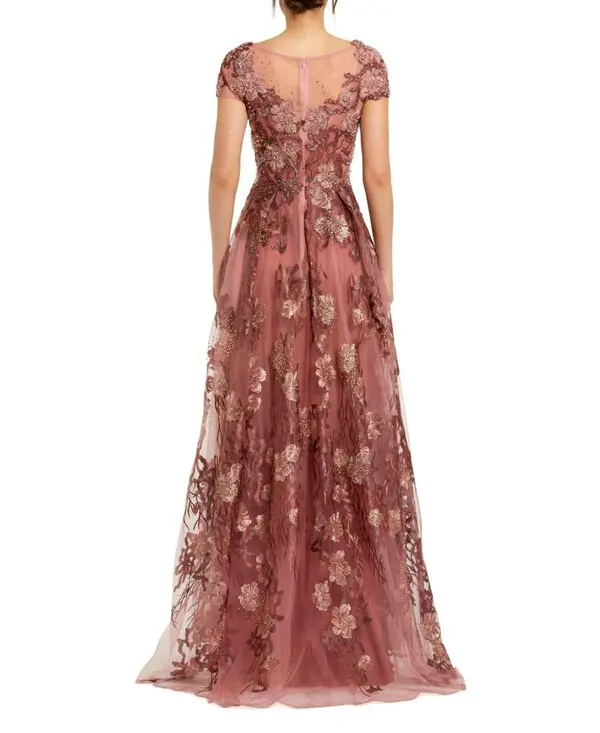 Mac Duggal Embroidered Mesh Dress With Illusion Neck And Short Sleeves - Cinnamon