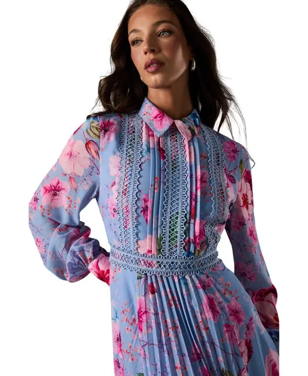 Coast Pleated Lace Trim Long Sleeve Midi Dress
