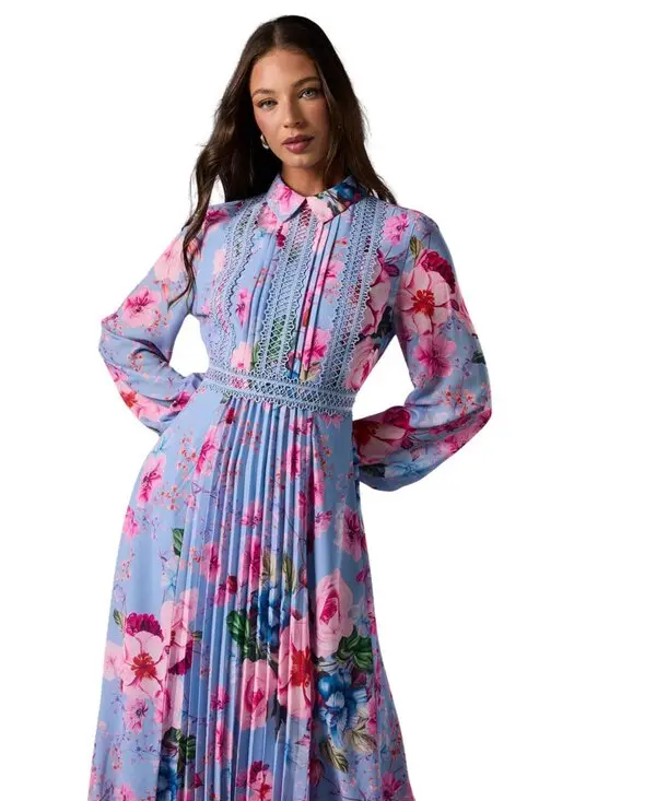 Coast Pleated Lace Trim Long Sleeve Midi Dress