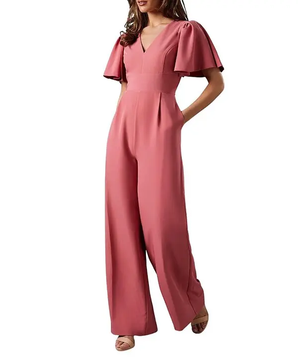 Coast Flutter Sleeve Plunge Jumpsuit - Rose