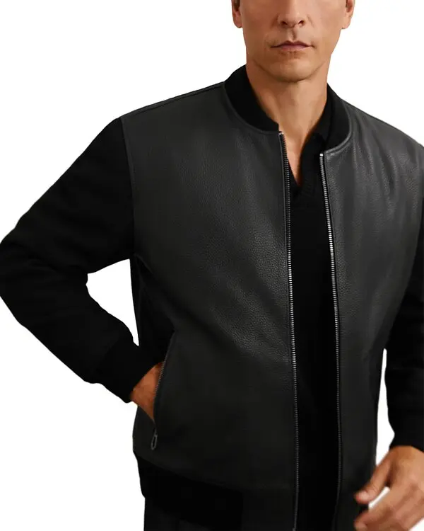 REISS Wool Blend Sleeve Leather Bomber Jacket - Black