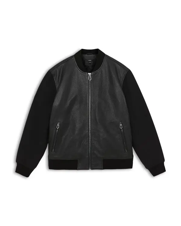 REISS Wool Blend Sleeve Leather Bomber Jacket - Black