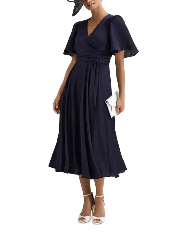 PHASE EIGHT Textured Faux Wrap Midi Dress - Navy