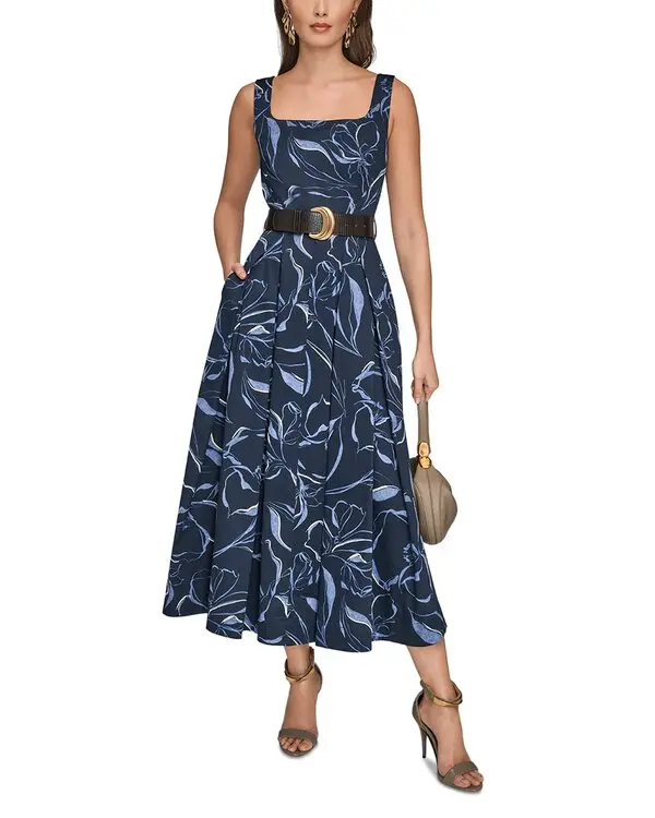 knee length dresses for ladies Floral Belted A Line Midi Dress | Shirt Dress