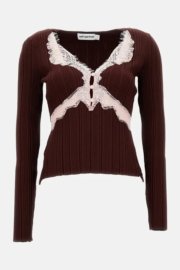 SELF-PORTRAIT Lace Knit Top - Rosso