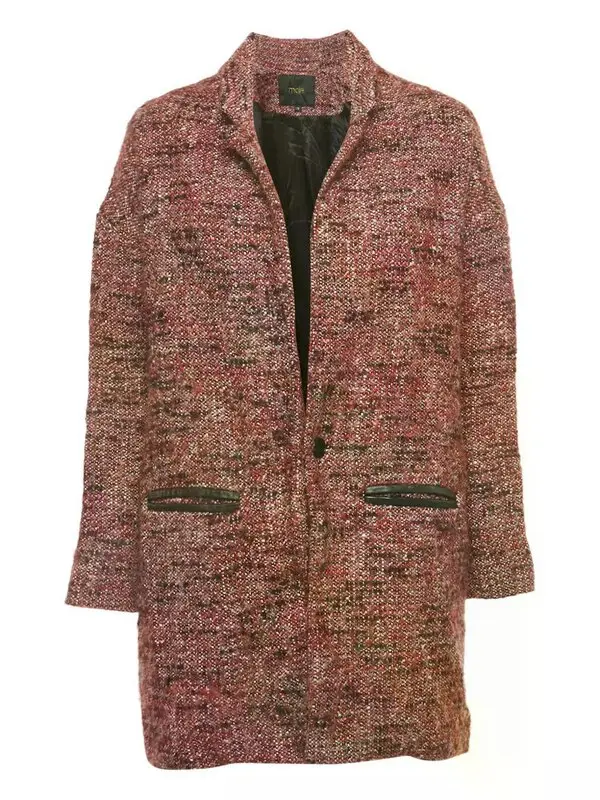 Maje Tweed Coat With Leather Trim