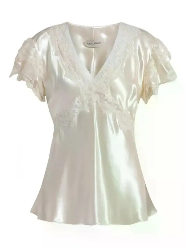 Alberta Ferretti Lace Trimmed V-neck Top - Neutrals