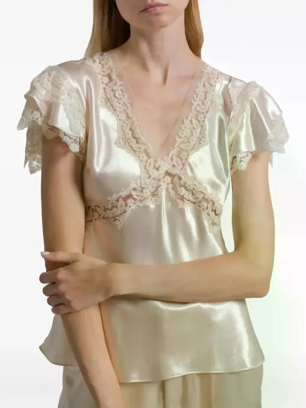 Alberta Ferretti Lace Trimmed V-neck Top - Neutrals