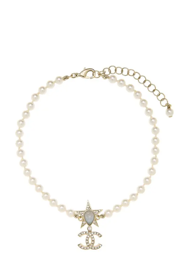 Chanel Faux Pearl Crystal 'cc' Star Necklace - White